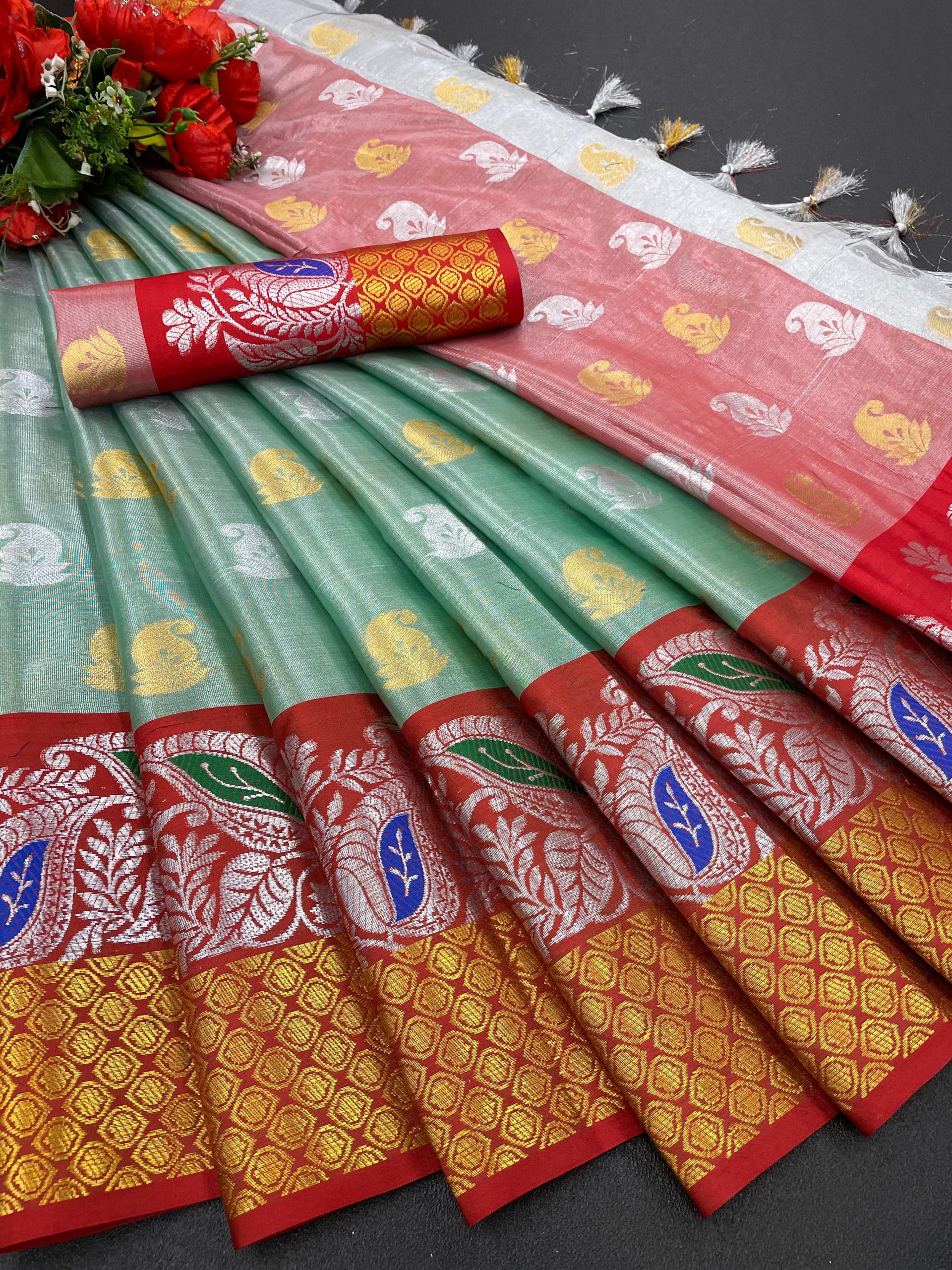 Green Organic Tissue Silk Gold Zari Weaving Saree