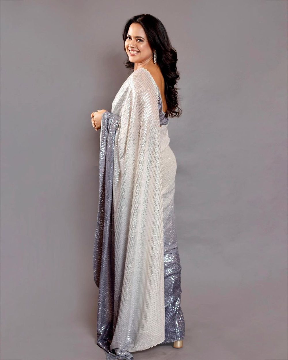 Fancy Grey Georgette Digital Printed Sequence Embroidery Saree