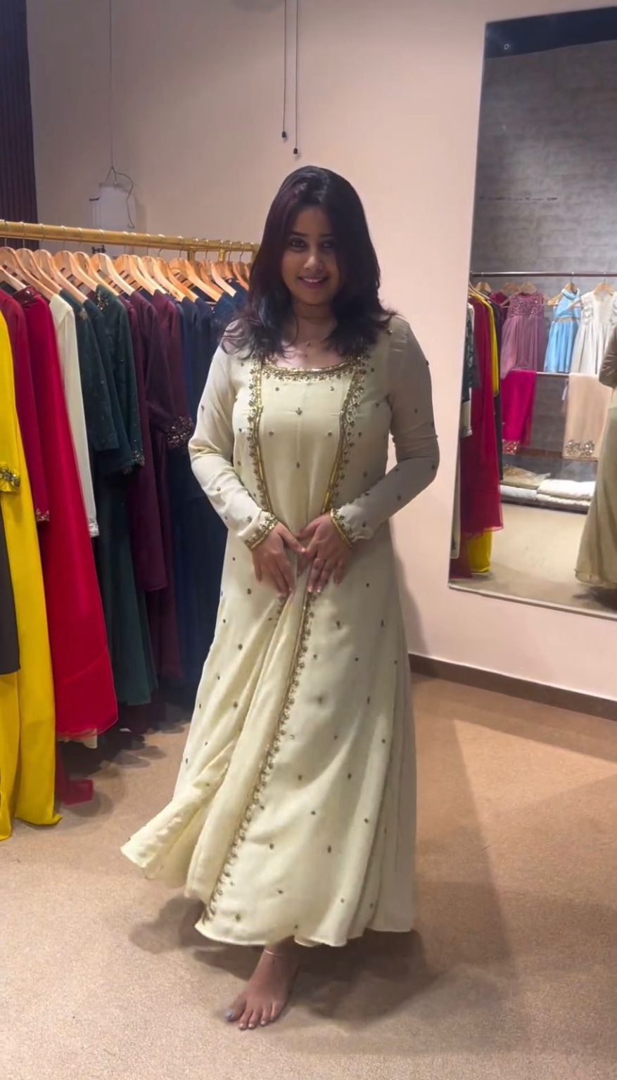 Fancy Cream Color Georgette Thread Sequence Shrug Salwar Suit